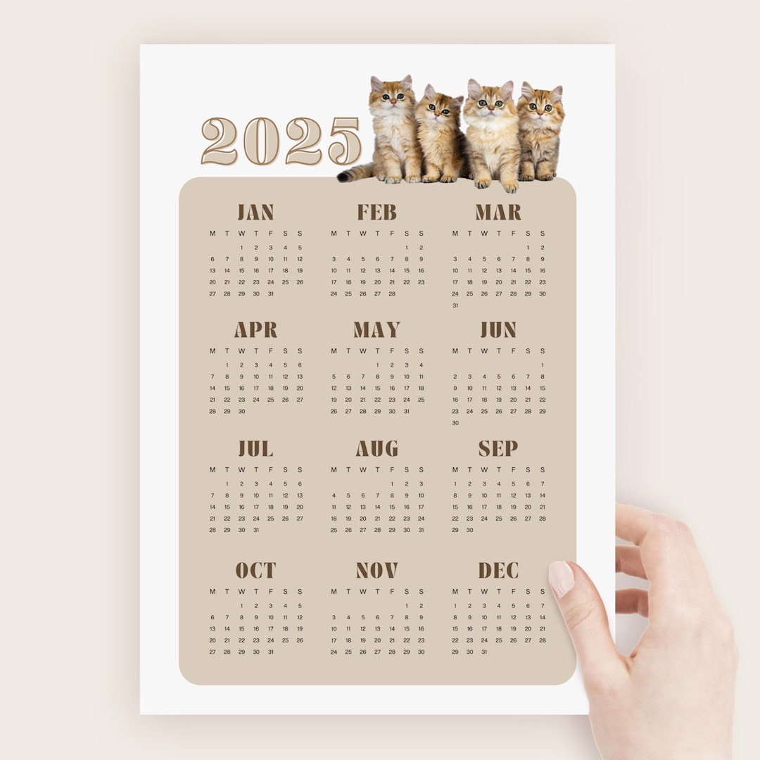 2025 Cat Calendar Printable, 2025 Yearly Annual Calendar Poster ...