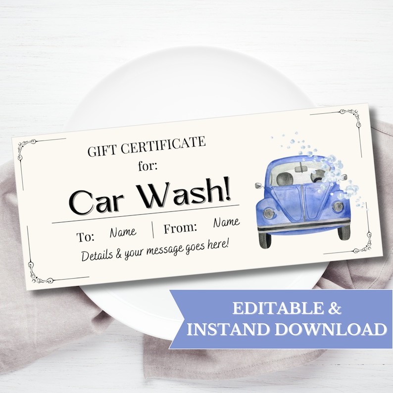 Car Wash Gift Certificate Template, Auto Detailing Voucher Printable ...