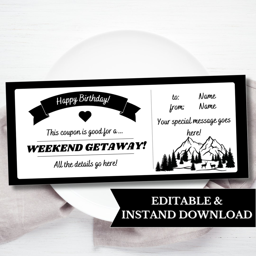 Weekend Getaway Trip Voucher Printable, Birthday Weekend Away Voucher ...