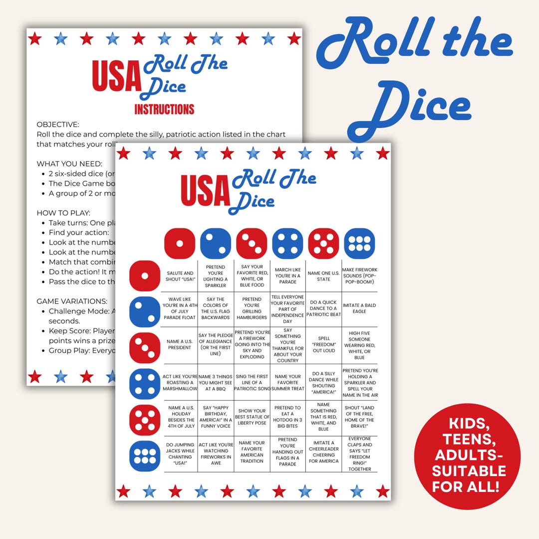 4th of July Roll the Dice Game Printable, Fun Patriotic Party Activity ...