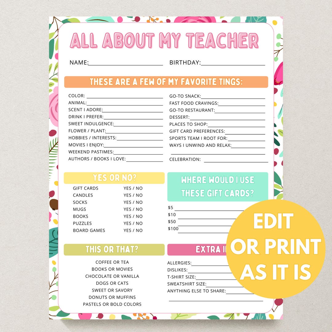 Editable Teacher Favorites List Survey, All About My Teacher Info Sheet ...