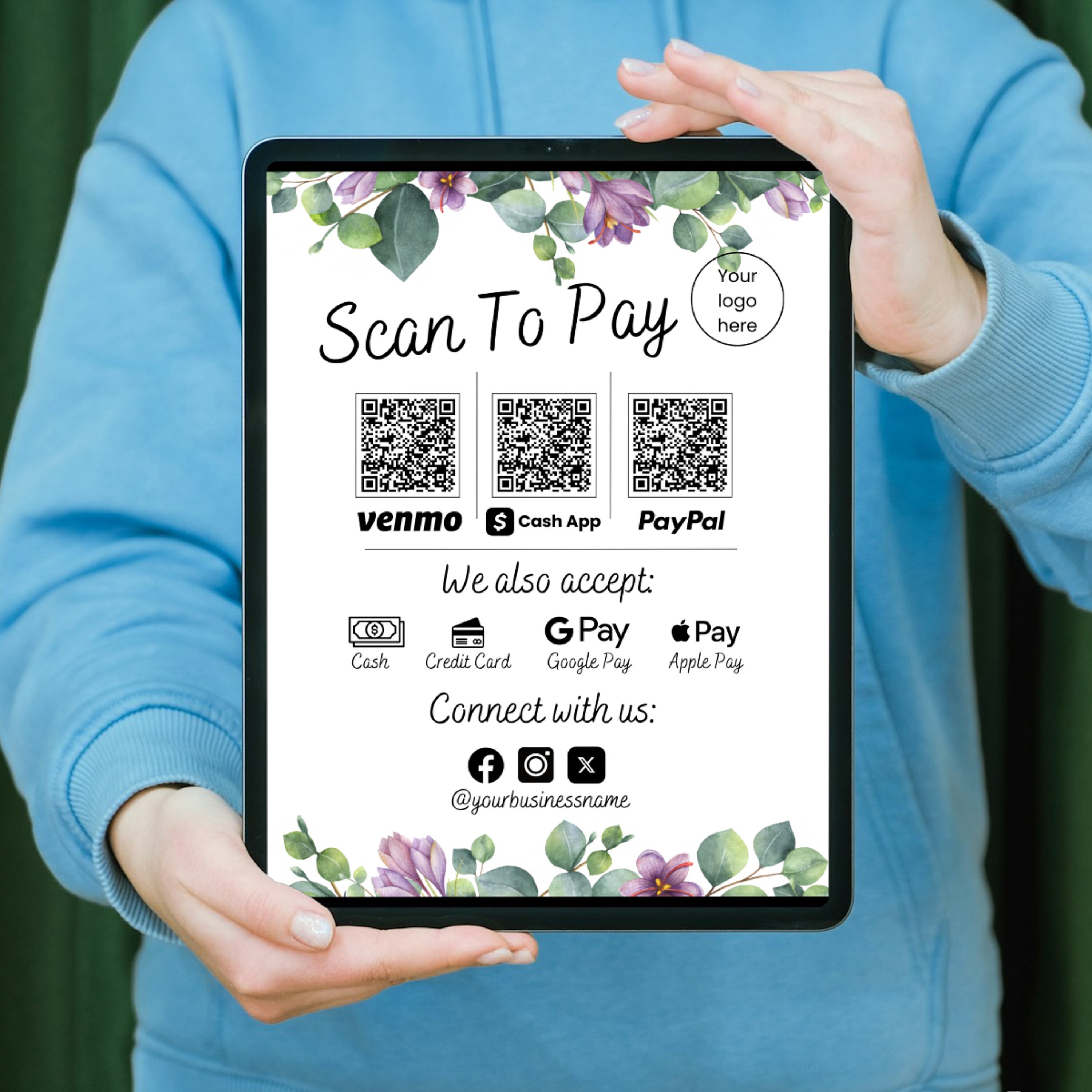 Floral Editable QR Code Payment Sign, Small Business Scan to Pay ...