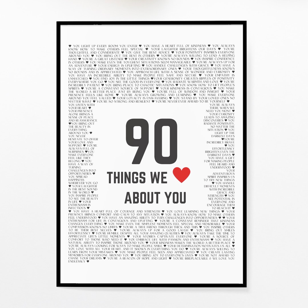 90th Birthday Gift, 90 Things We Love About You Poster, Personalized ...