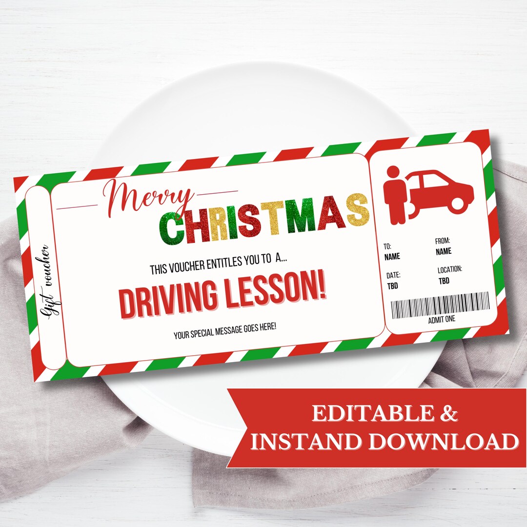 Christmas Driving Lesson Ticket Gift Coupon Editable Template, Surprise ...