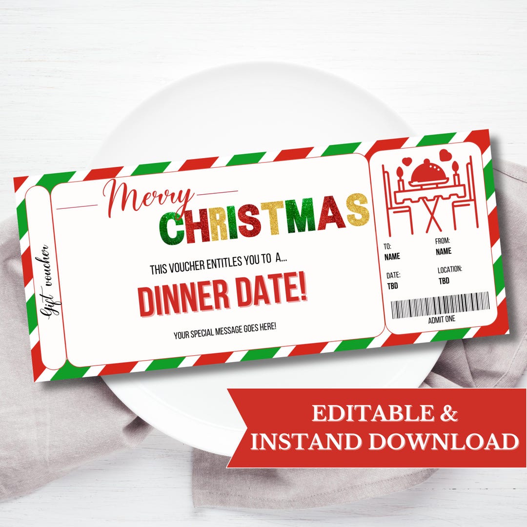 Christmas Dinner Date Night Ticket Gift Coupon Editable Template ...