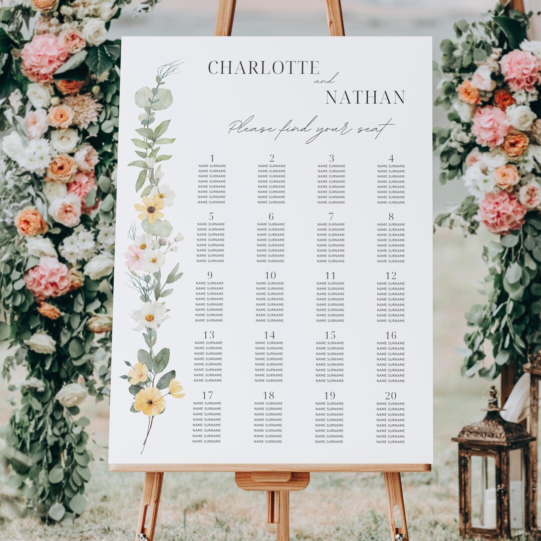 Wildflower Wedding Table Seating Chart Template Editable Floral Seating ...