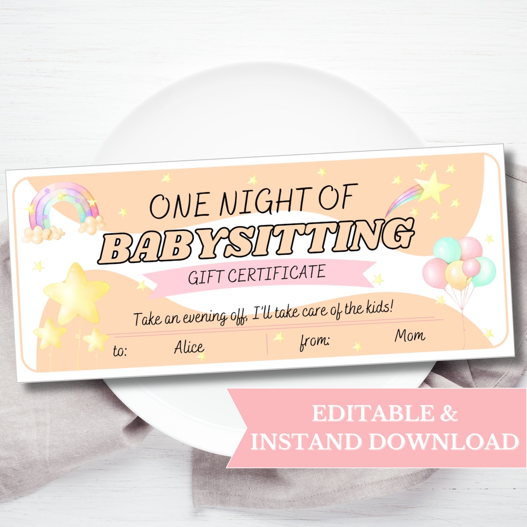 Babysitting Gift Coupon EDITABLE Template, Babysitting Voucher ...