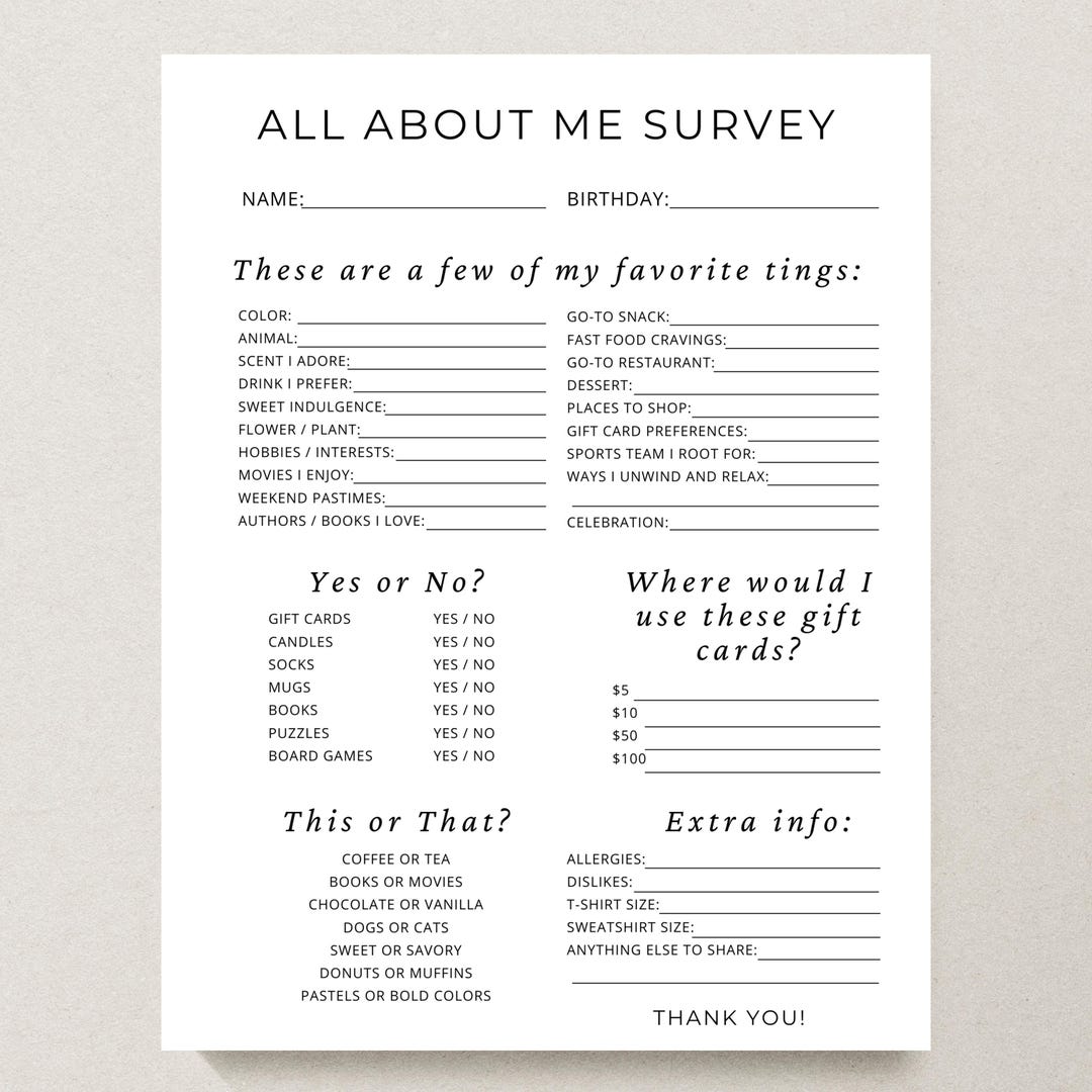 Editable All About Me Survey Printable, Getting to Know You Coworker ...