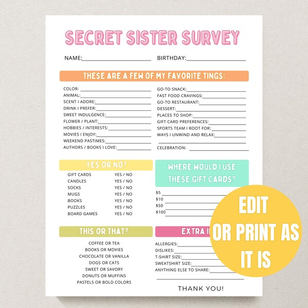 Lds Secret Sister Sheet - Etsy