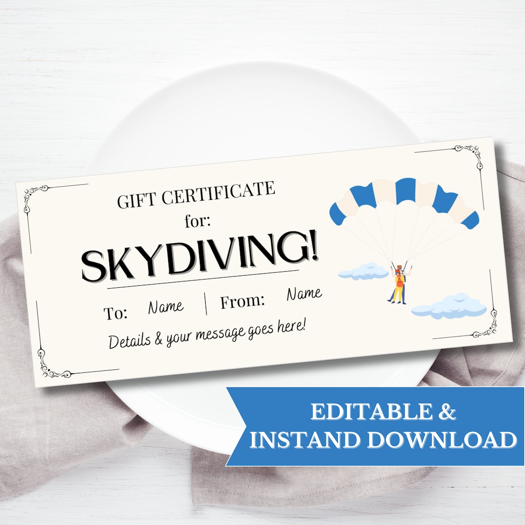 Skydiving Personalized Gift Voucher Printable, Gift Certificate ...