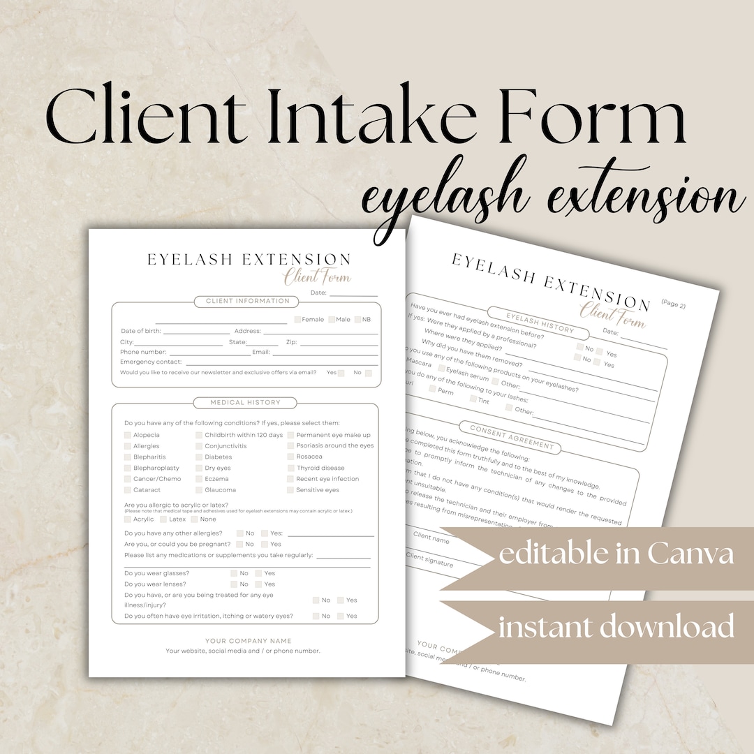 Lash Tech Client Intake Form Template, Editable Eyelashes Extension ...