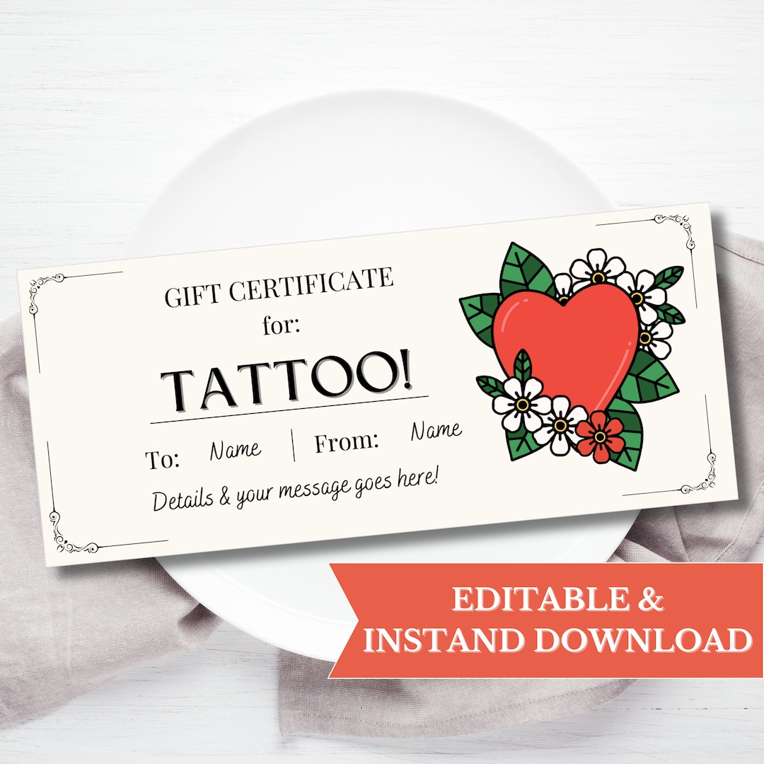 Tattoo Session Gift Voucher Printable, Tattoo Certificate Editable, Get ...