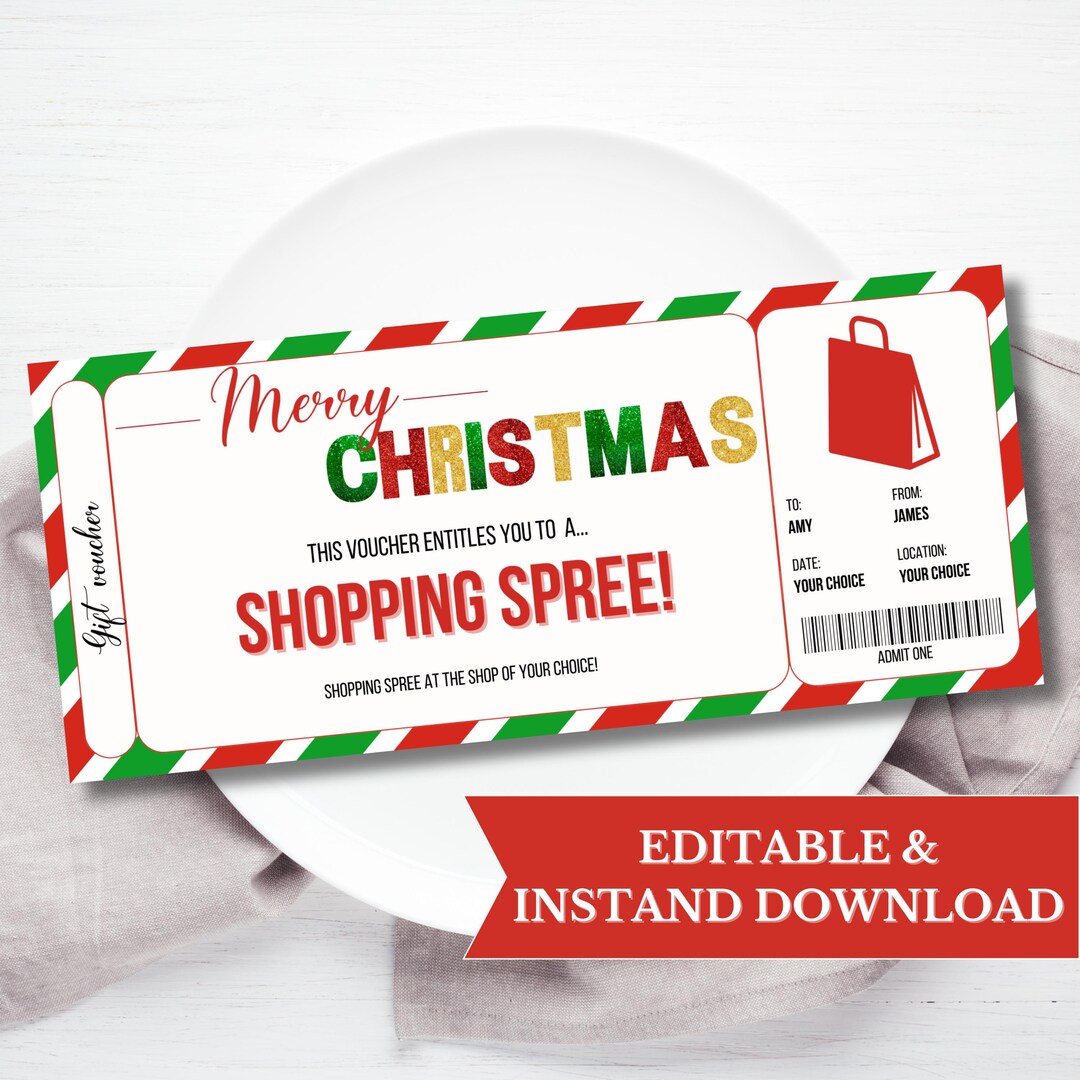Christmas Shopping Spree Ticket Gift Coupon Editable Template, Surprise ...