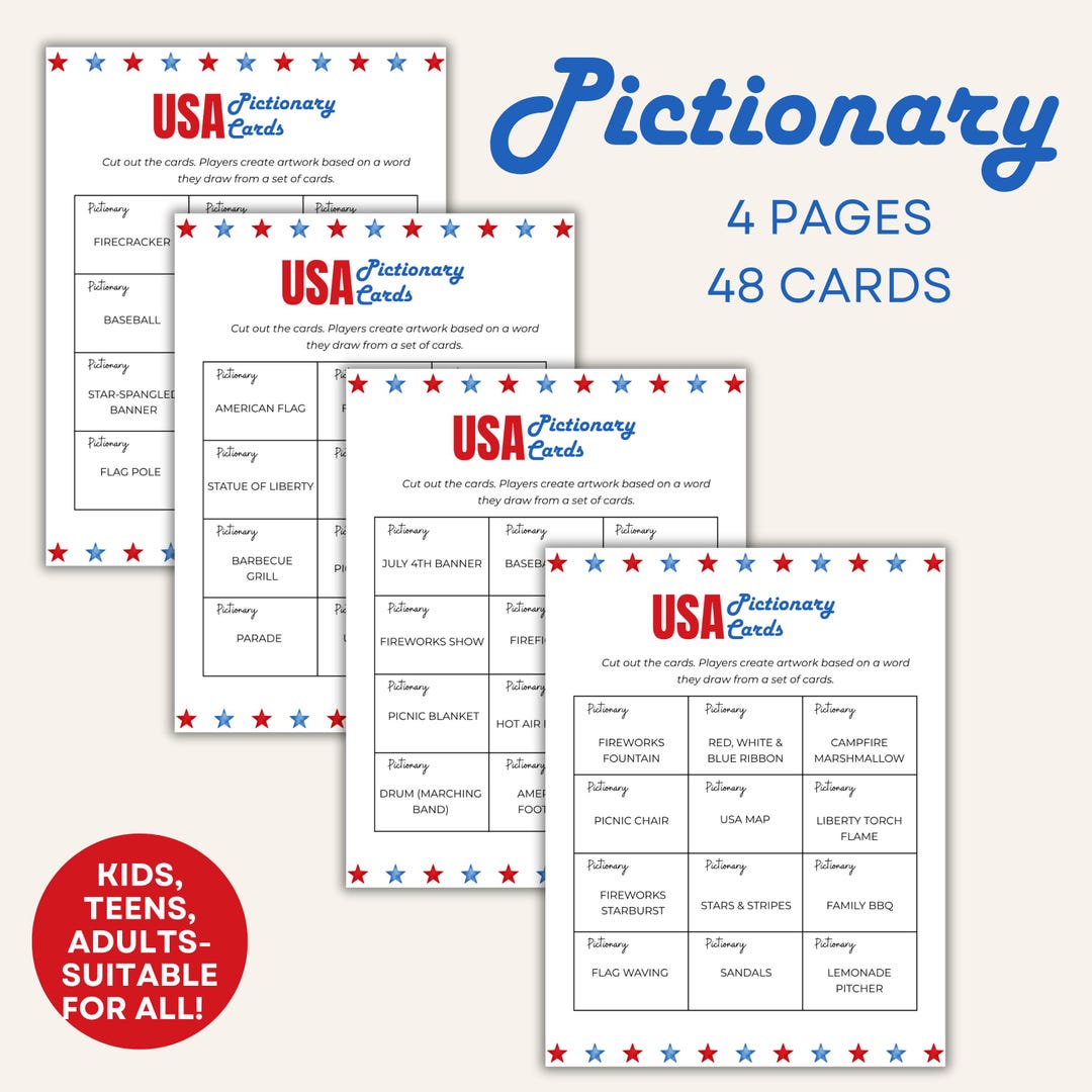 4th of July Pictionary Game Cards Printable, Usa-themed Drawing Prompts ...