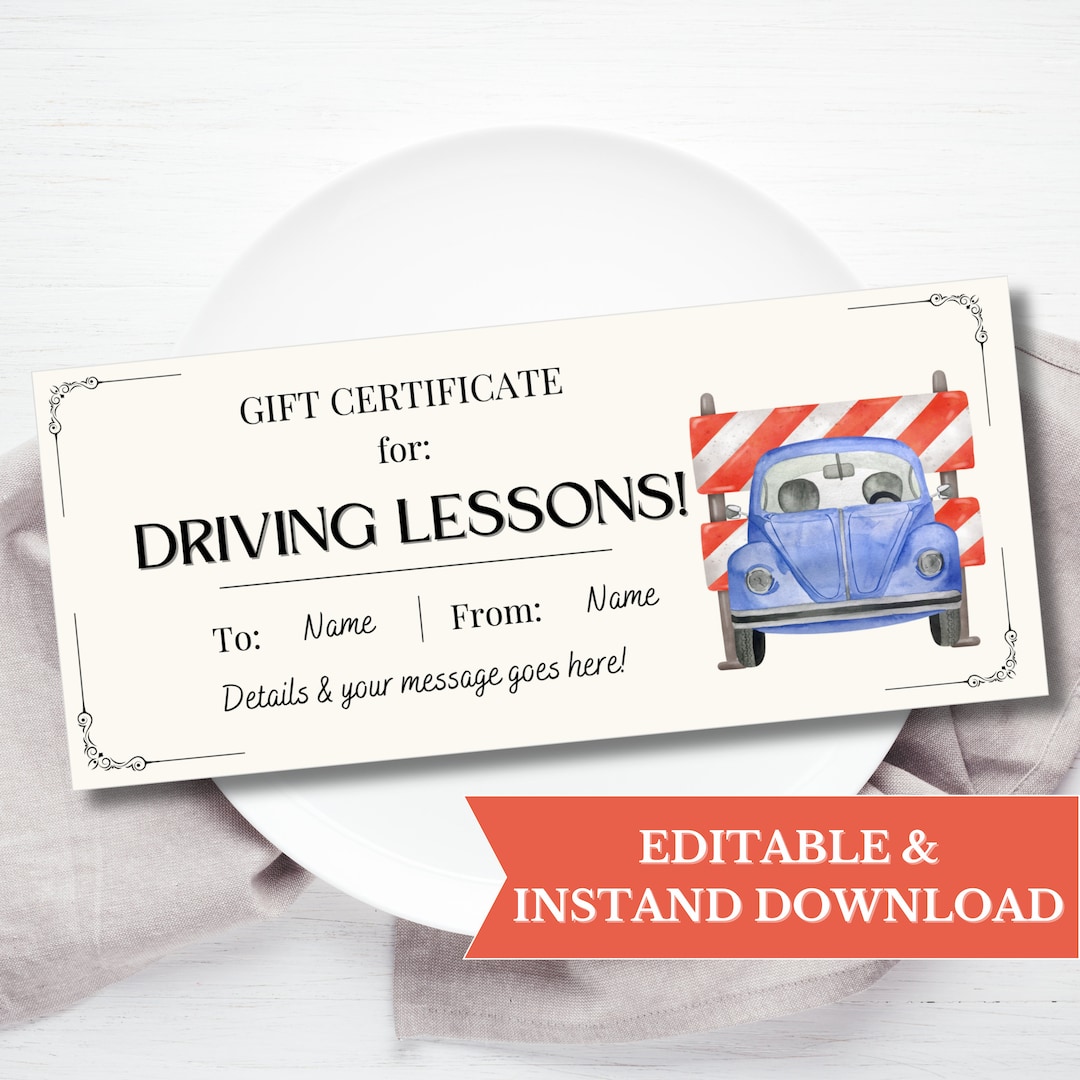 Driving Lessons Gift Certificate Template Editable, 16th Birthday Gift ...