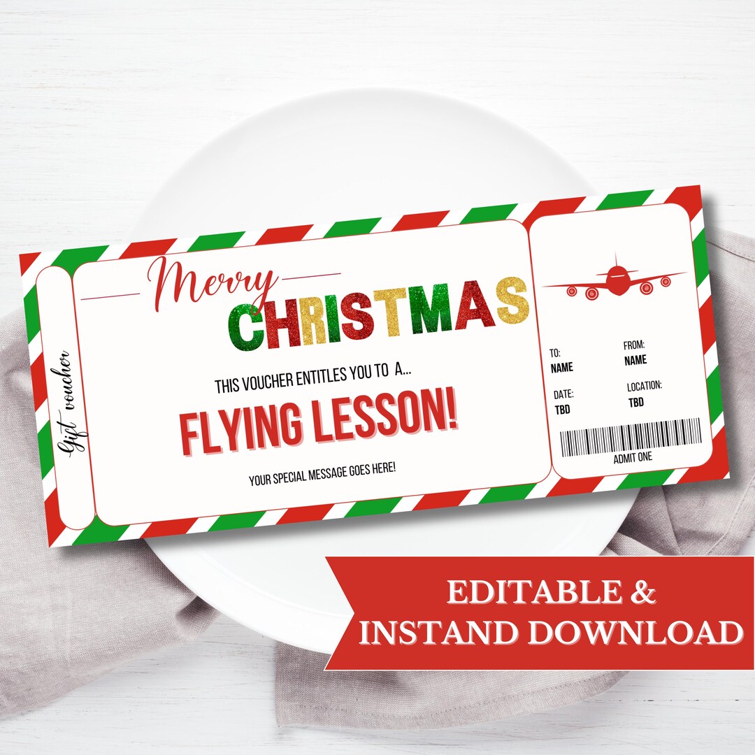 Christmas Flying Lesson Ticket Gift Coupon Editable Template, Surprise ...