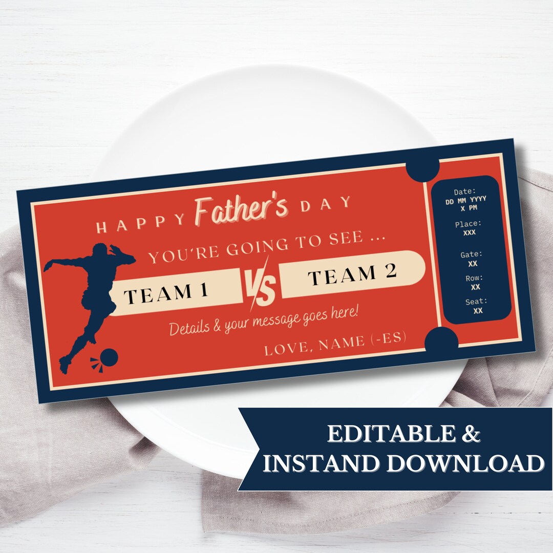 Father's Day Soccer Game Ticket Template Editable, Football Custom Gift ...