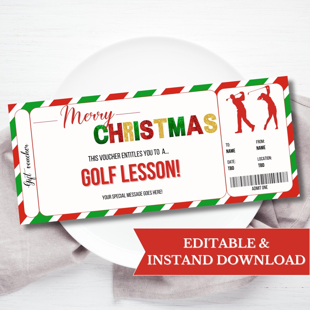 Christmas Golf Lesson Ticket Gift Coupon Editable Template, Surprise ...