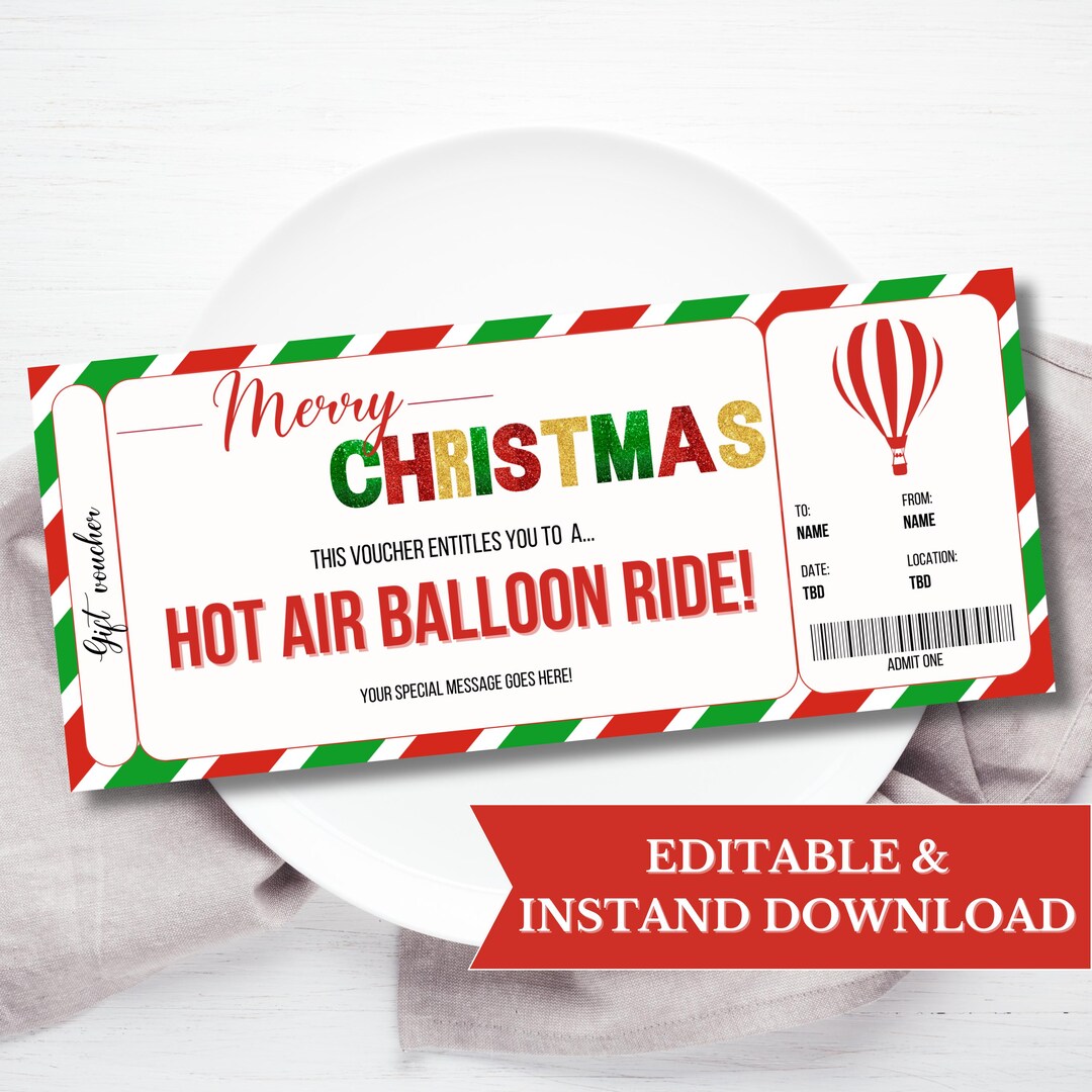 Christmas Hot Air Balloon Ride Ticket Gift Coupon Editable Template ...