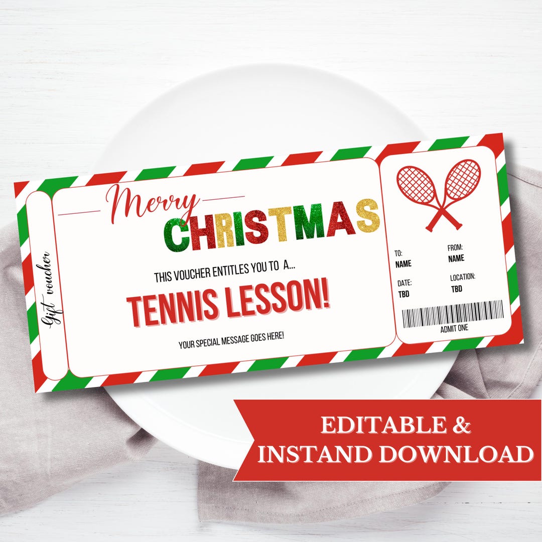 Christmas Tennis Lesson Ticket Gift Coupon Editable Template, Surprise ...