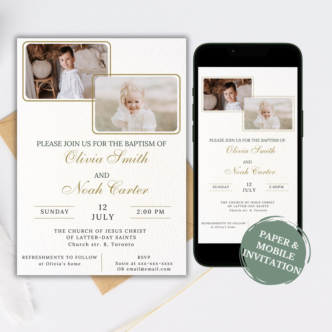 Joint LDS Baptism Invitation for Girls or Boys Two People Editable ...