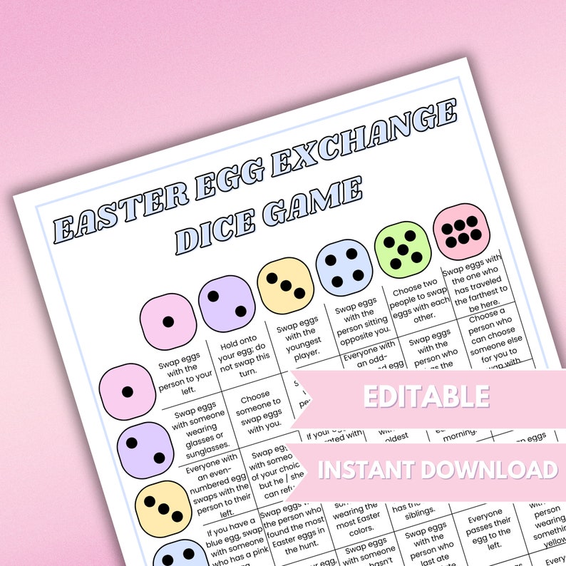 Editable Easter Egg Exchange Dice Game Printable PDF, Easter Kids ...