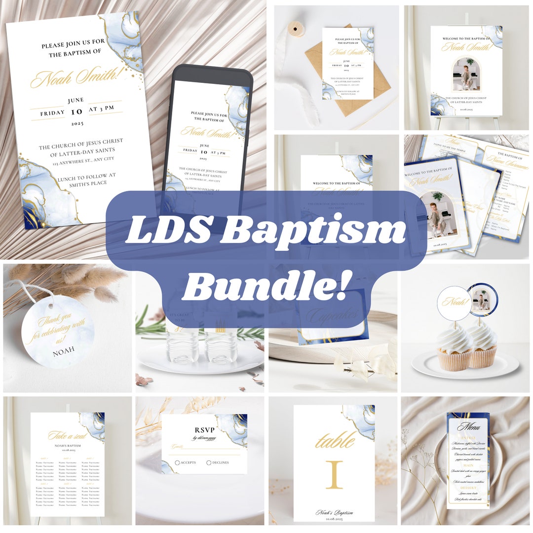 Editable LDS Baptism Invitation Bundle Blue & Gold, LDS Baptism Decor ...