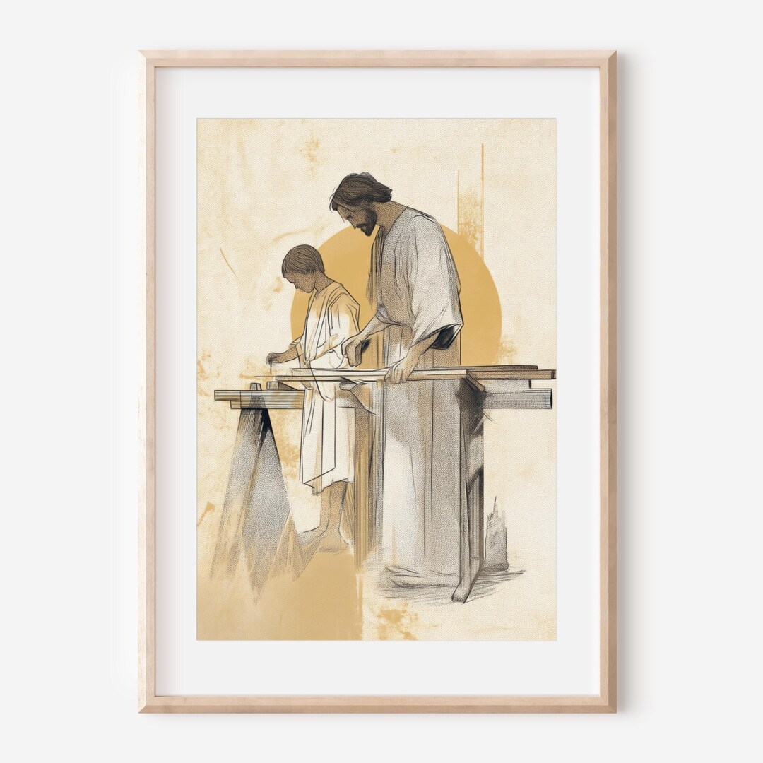 Joseph and Young Jesus Carpentry Print, Christian Father Son Wall Art ...