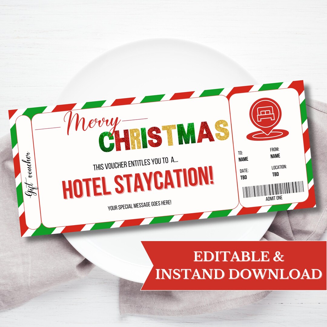 Christmas Hotel Staycation Ticket Gift Coupon Editable Template ...