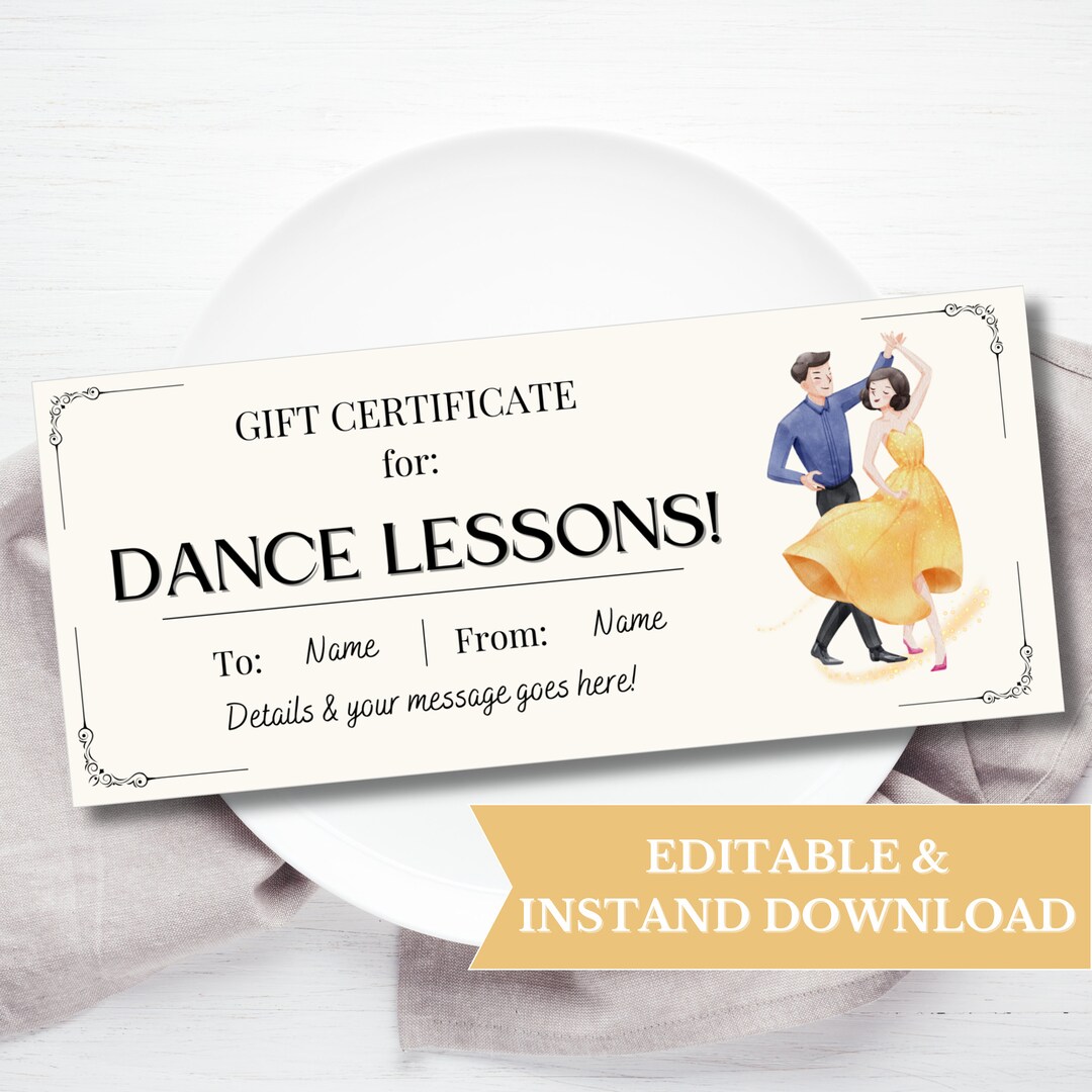 Dance Lessons Gift Certificate Template, Couples Dance Lesson Gift ...