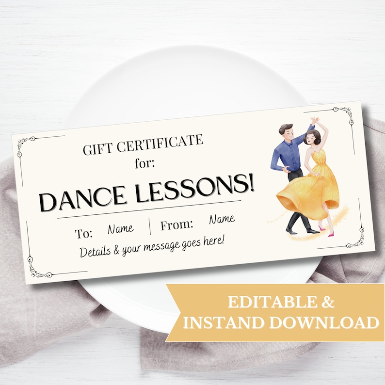 Dance Lessons Gift Certificate Template, Couples Dance Lesson Gift ...