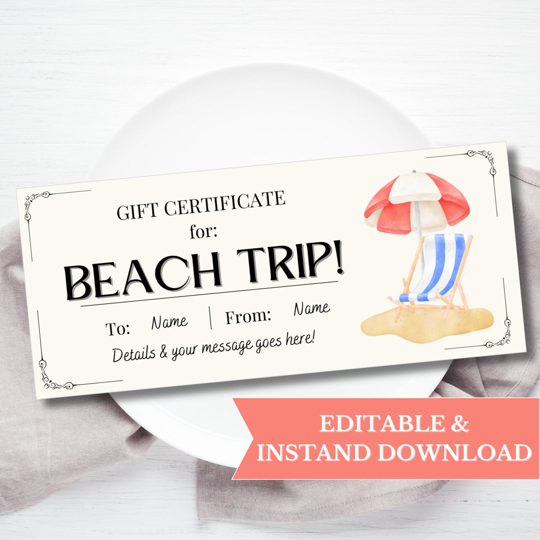Editable Beach Trip Gift Certificate Tempalte, Weekend Getaway Voucher ...