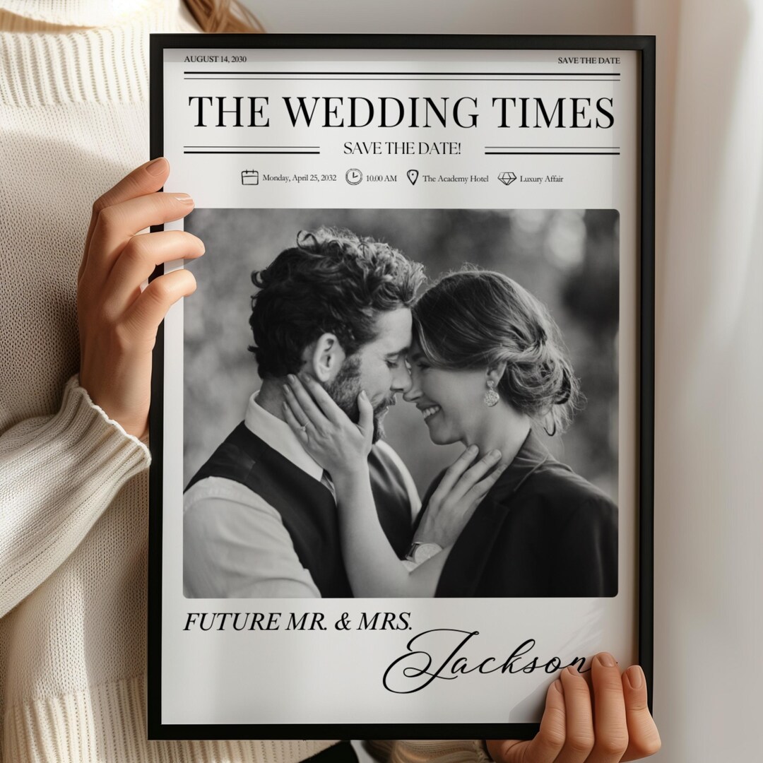 Save the Date Newspaper Template Canva, Engagement Announcement Poster ...