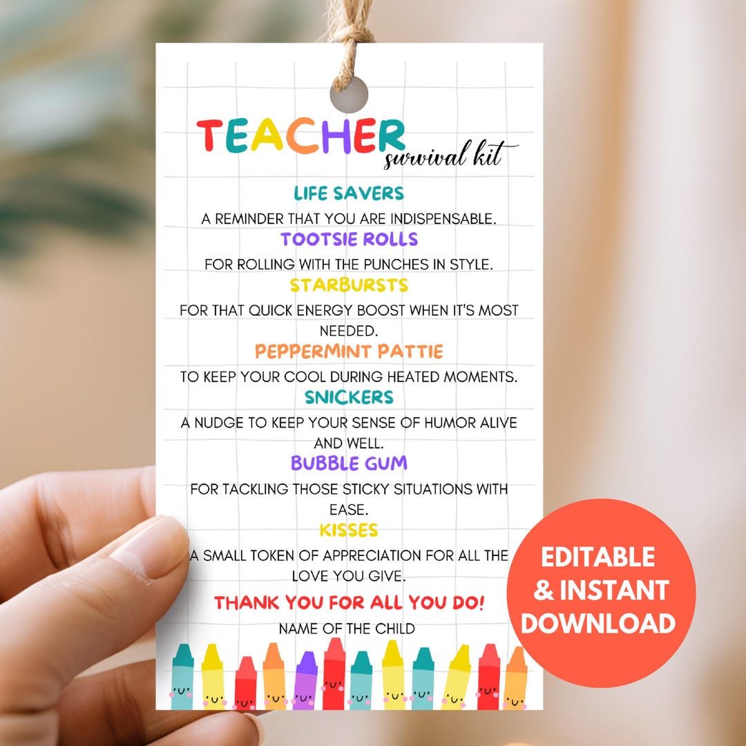 Editable Teacher Survival Kit Gift Tag, First Day of School & Back to ...