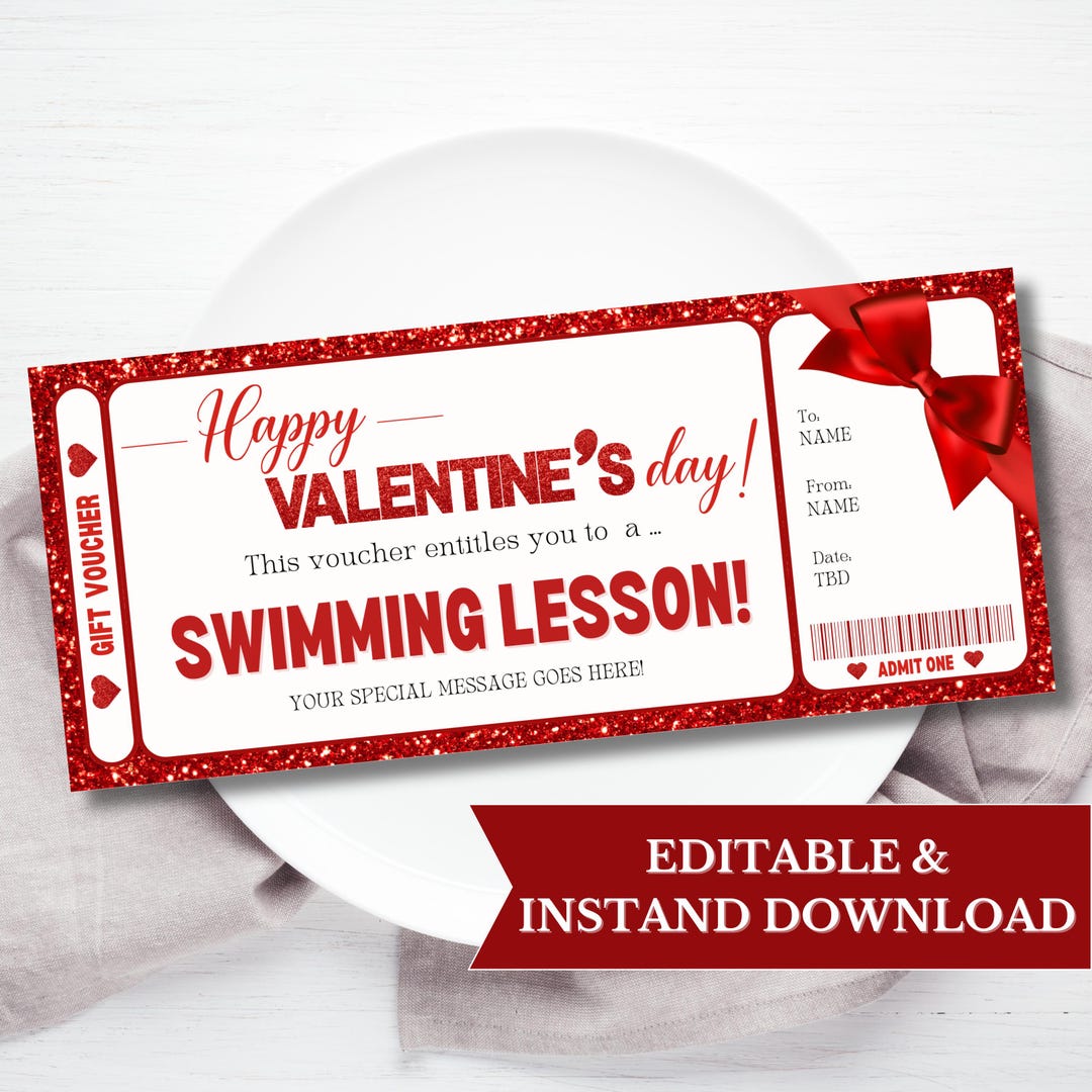 Valentine's Day Swimming Lesson Printable Gift Coupon, Gift for Her ...
