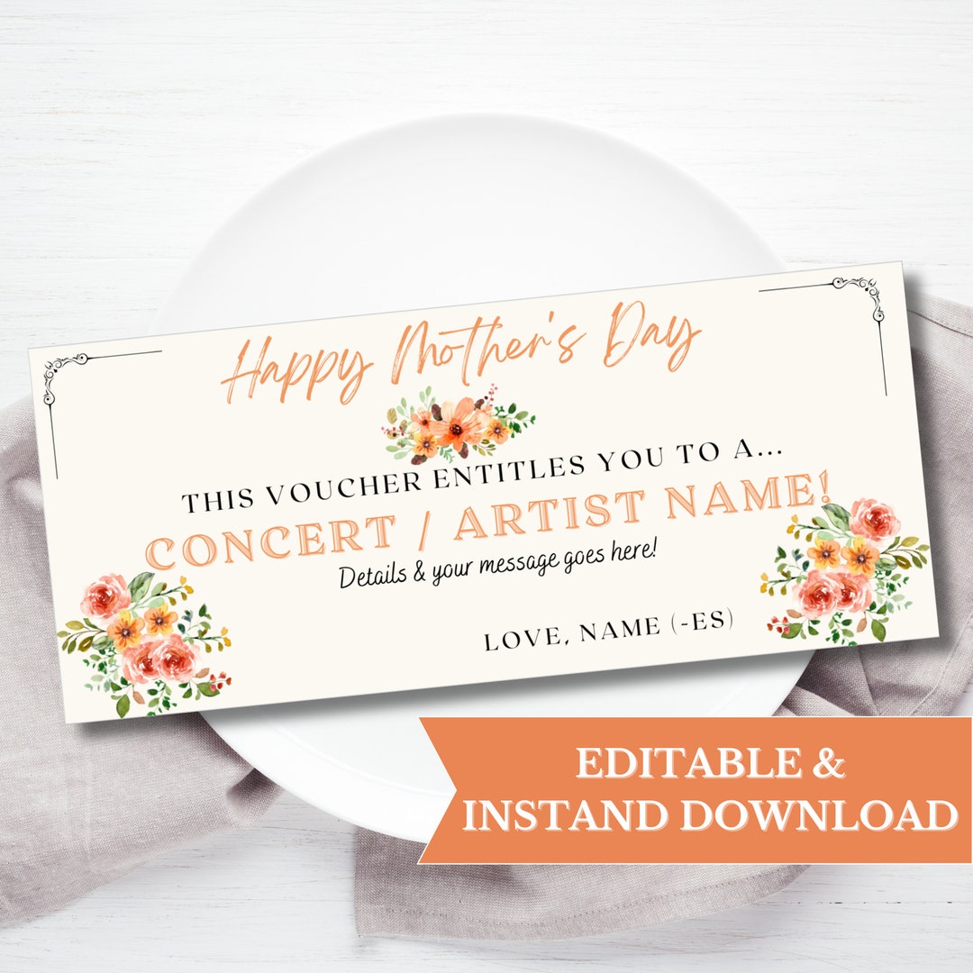 Mother's Day Concert Ticket Gift Template Printable, Concert Voucher ...