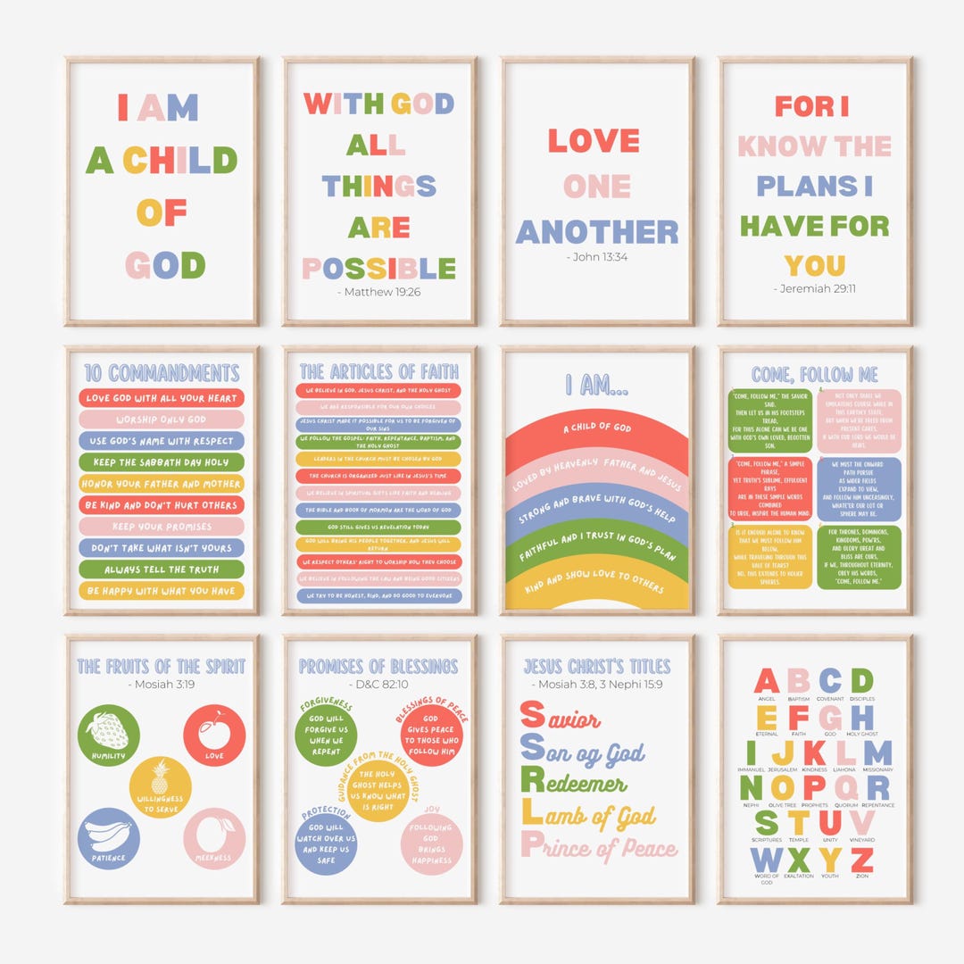 LDS Kids Scripture Poster Set of 33, Ten Commandments & Bible Verses ...