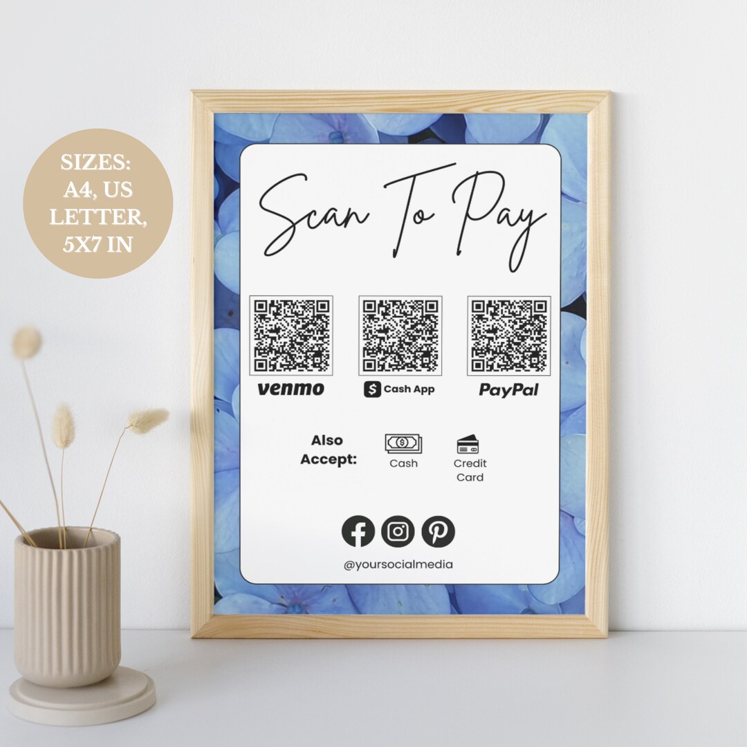 Editable Floral QR Code Template, Scan to Pay Sign, Custom Contactless ...