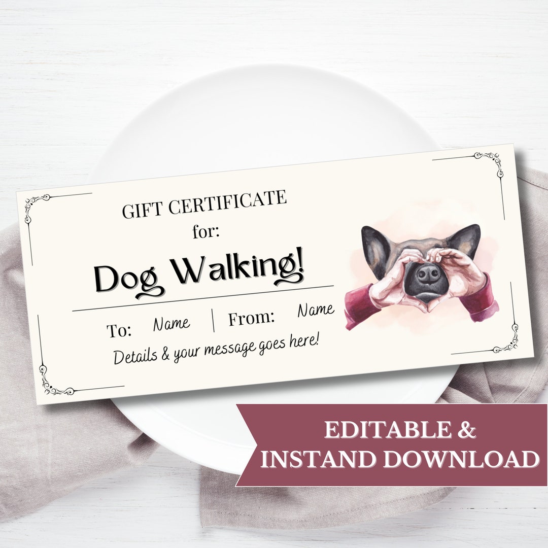 Dog Walking Gift Voucher Template Printable, Dog Owner Gift Certificate ...
