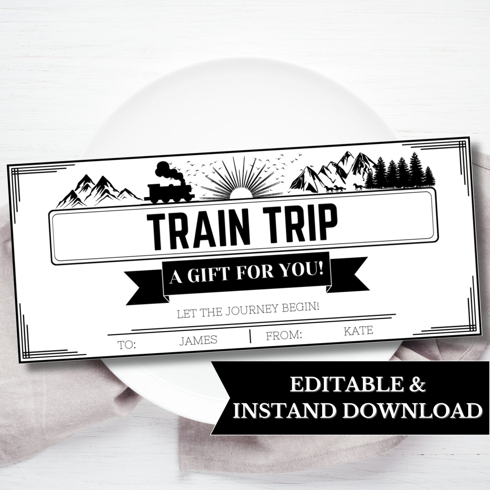 Train Ticket Voucher Editable, Surprise Travel Trip Gift Certificate ...