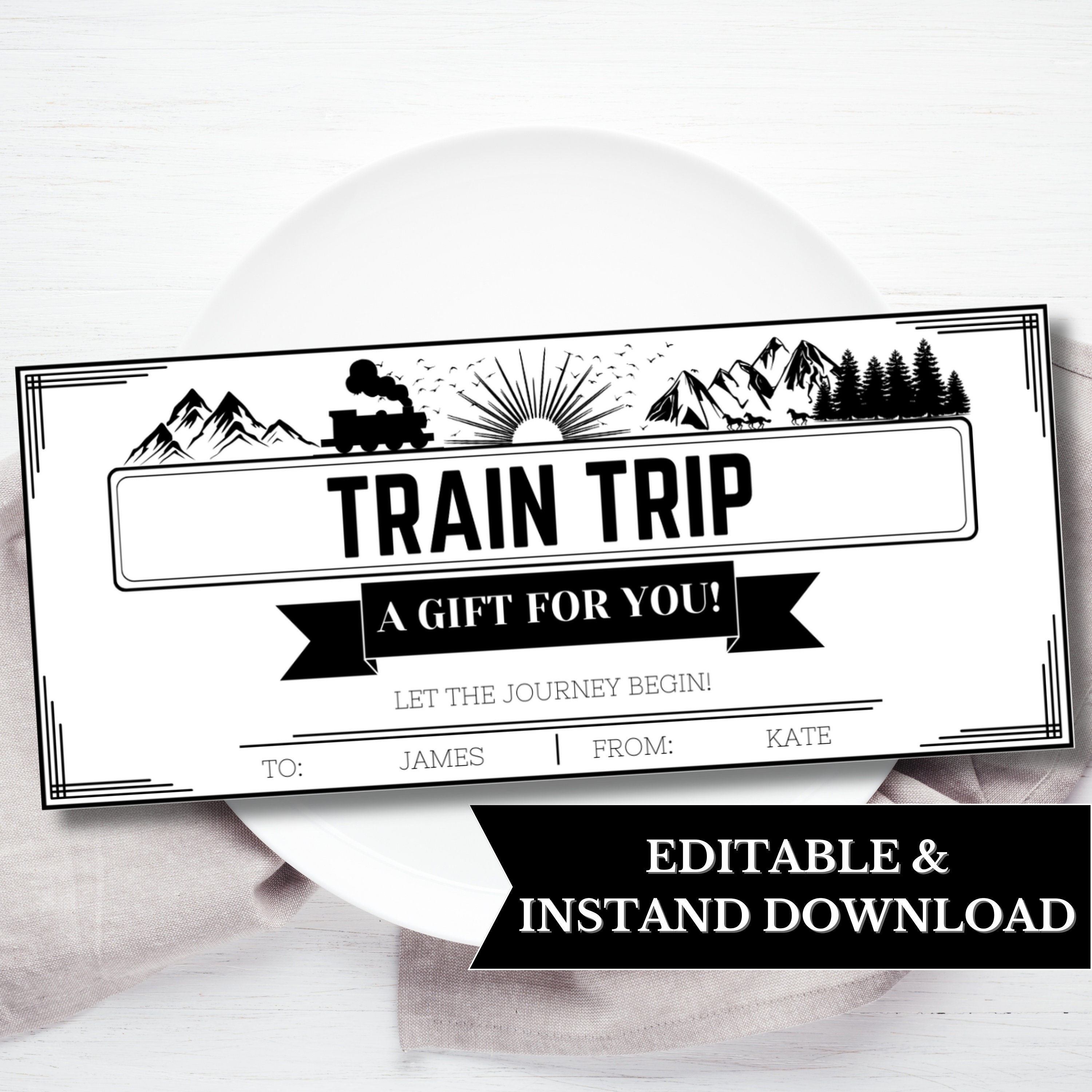 Train Ticket Voucher Editable, Surprise Travel Trip Gift Certificate ...