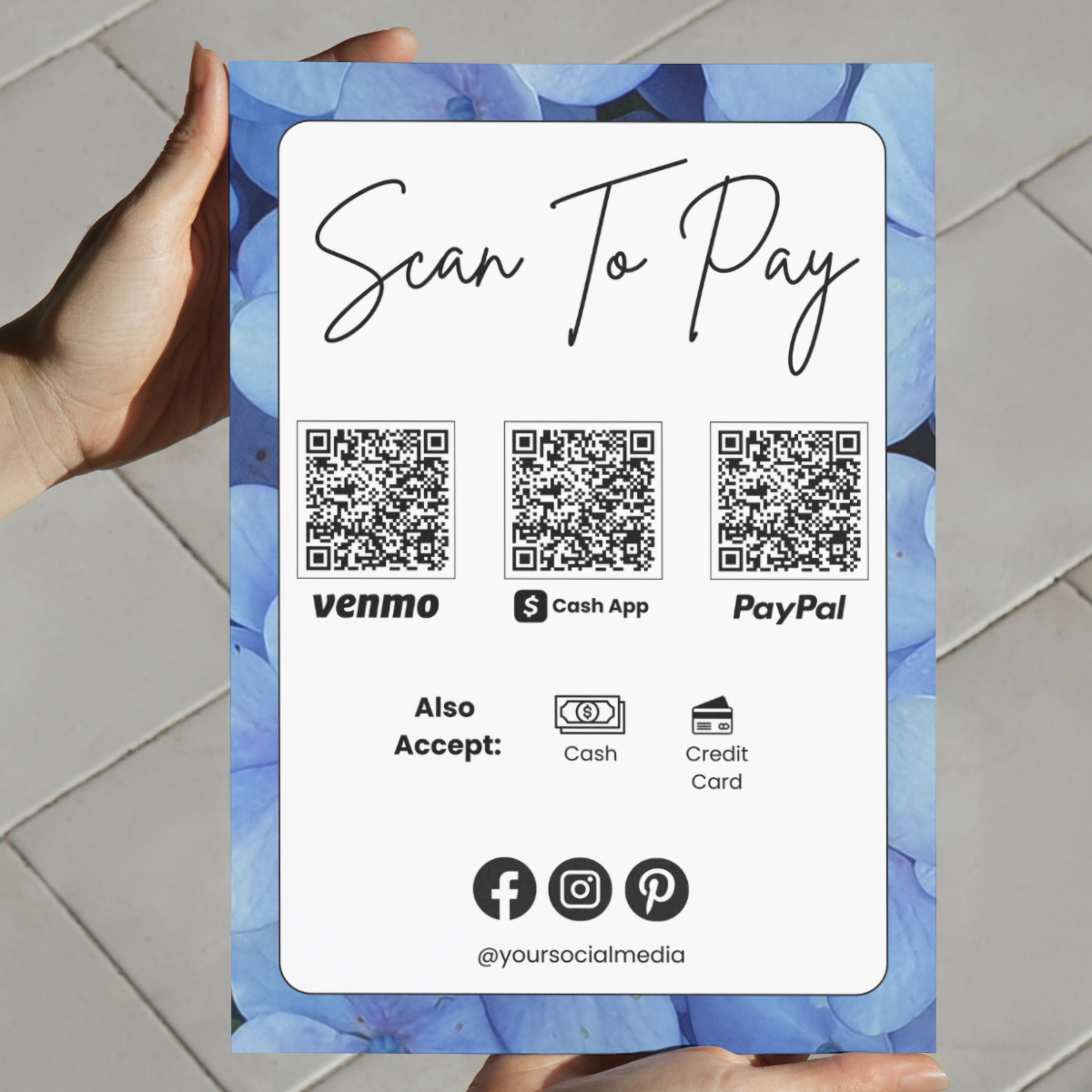 Editable Floral QR Code Template, Scan to Pay Sign, Custom Contactless ...