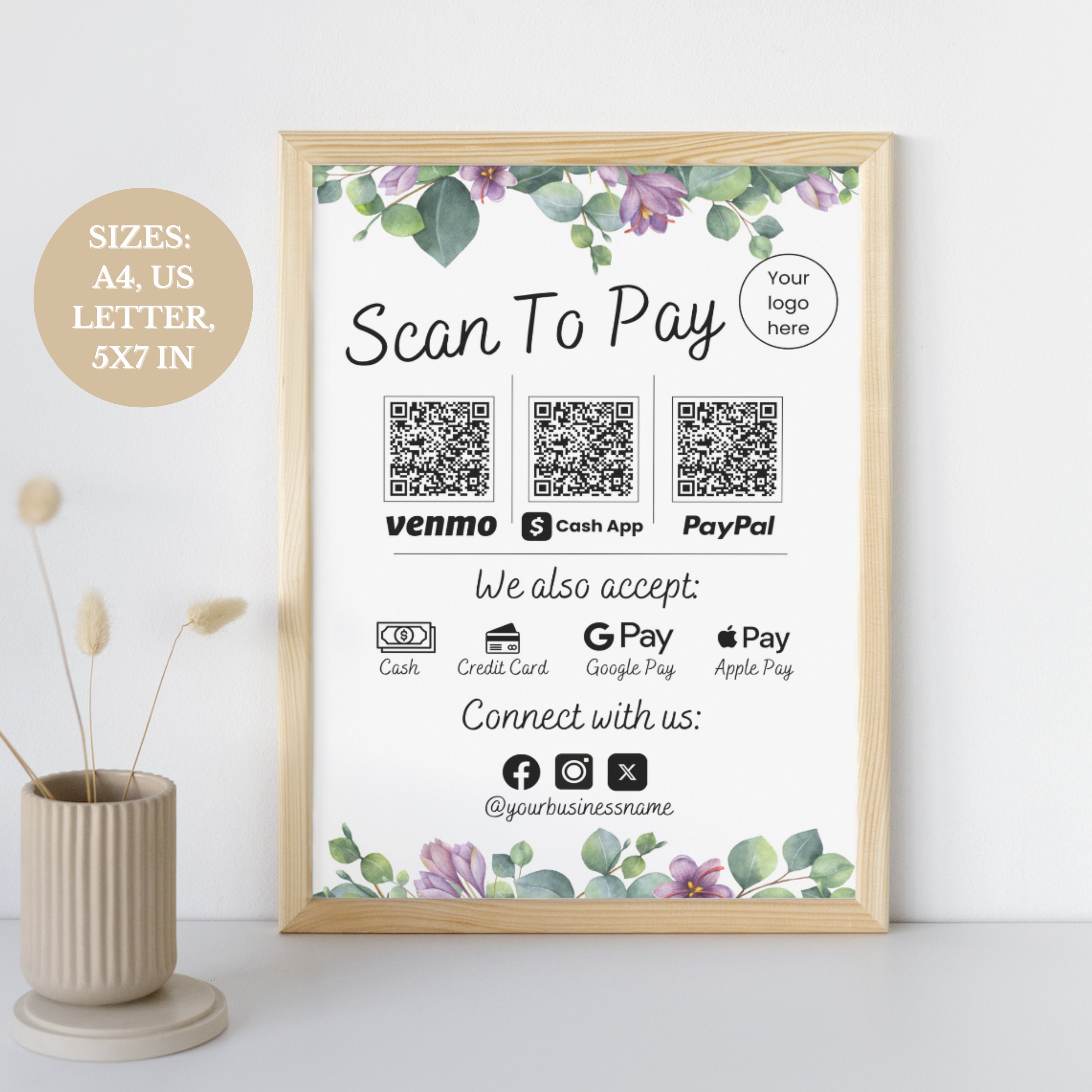 Floral Editable QR Code Payment Sign, Small Business Scan to Pay ...