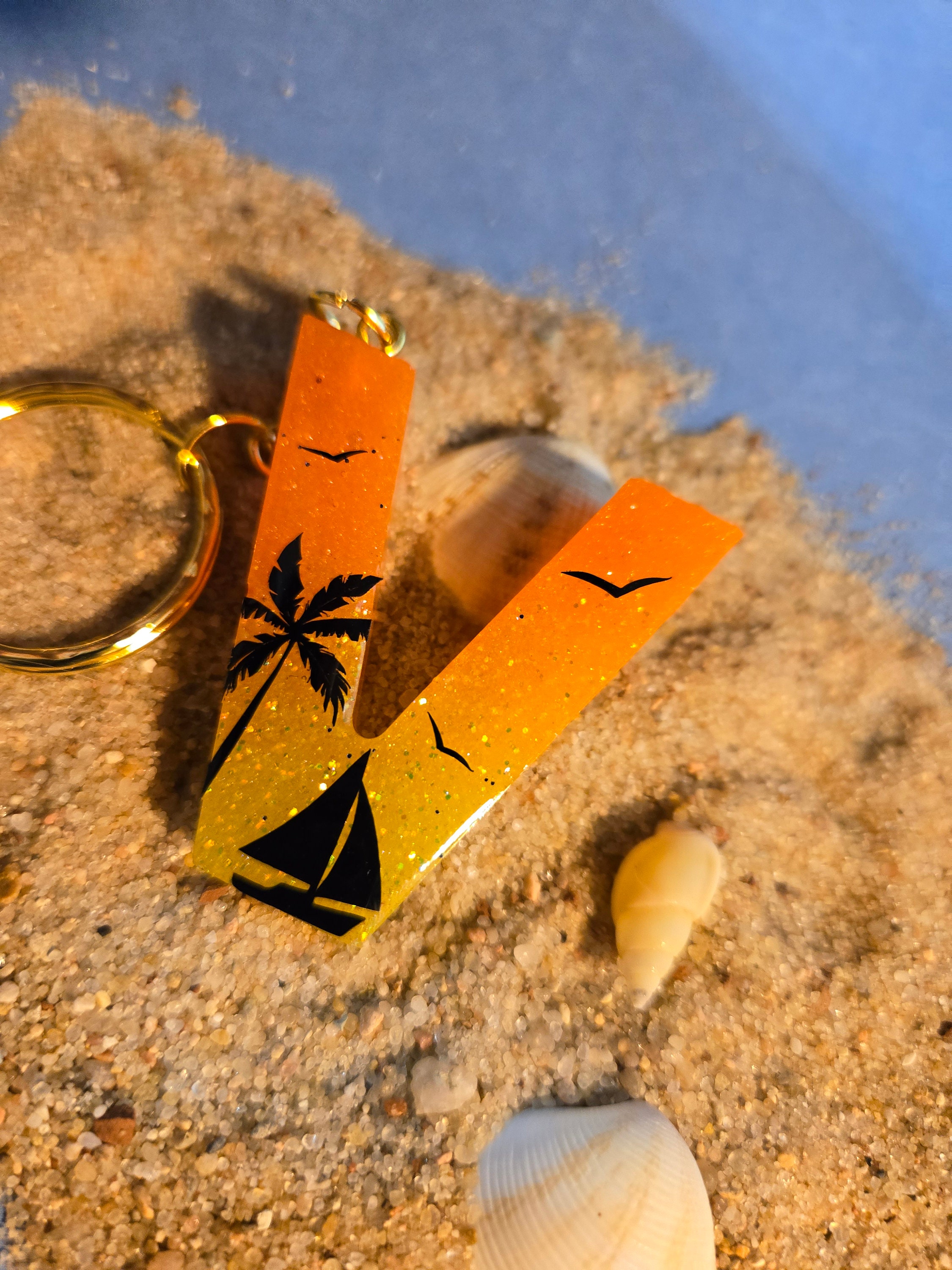 Sunset Beach Themed Letter V Keychain With Palm Tree, Sail Boat and ...