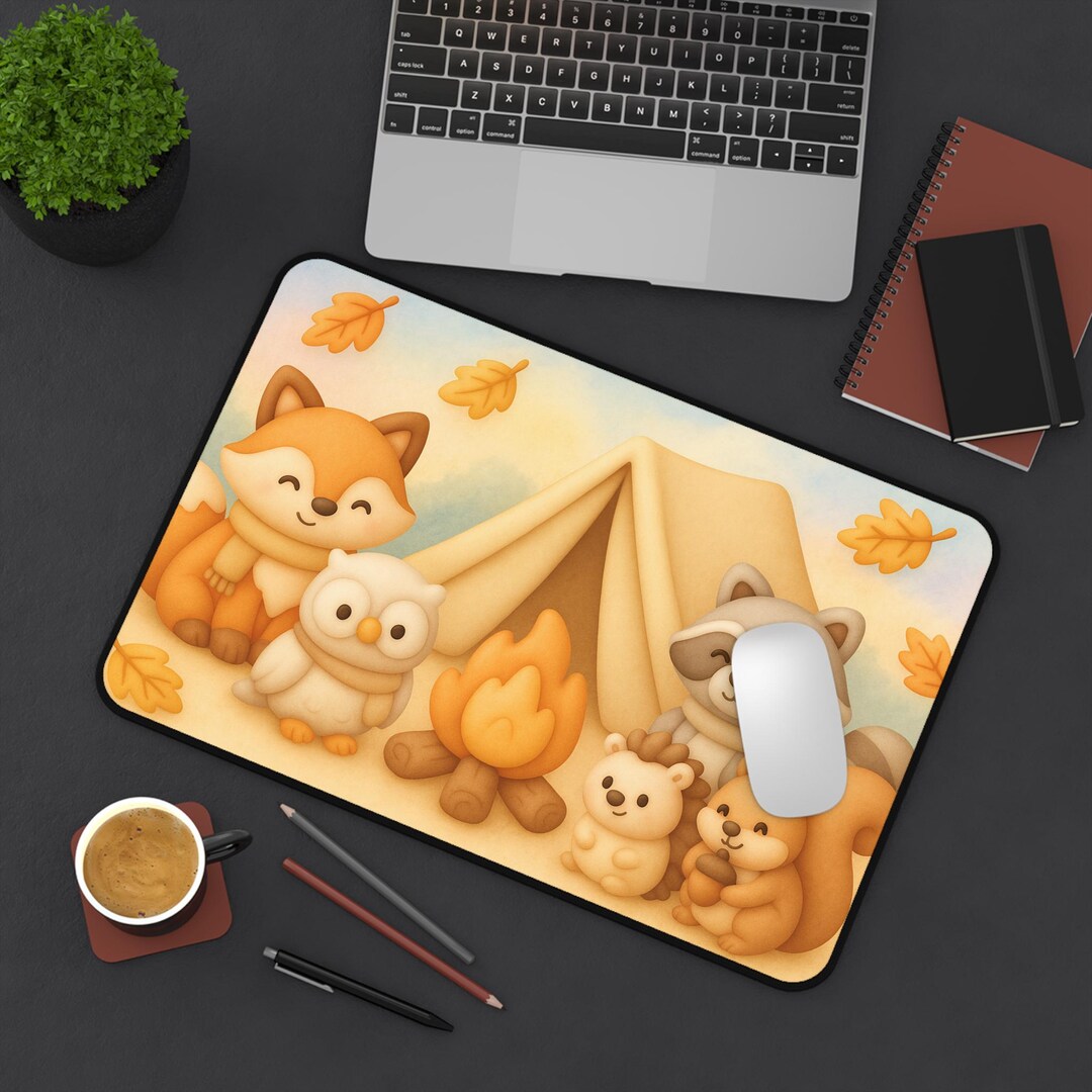 Woodland Campfire Desk Mat, Cute Fall Animals Tent Scene Mouse Pad ...