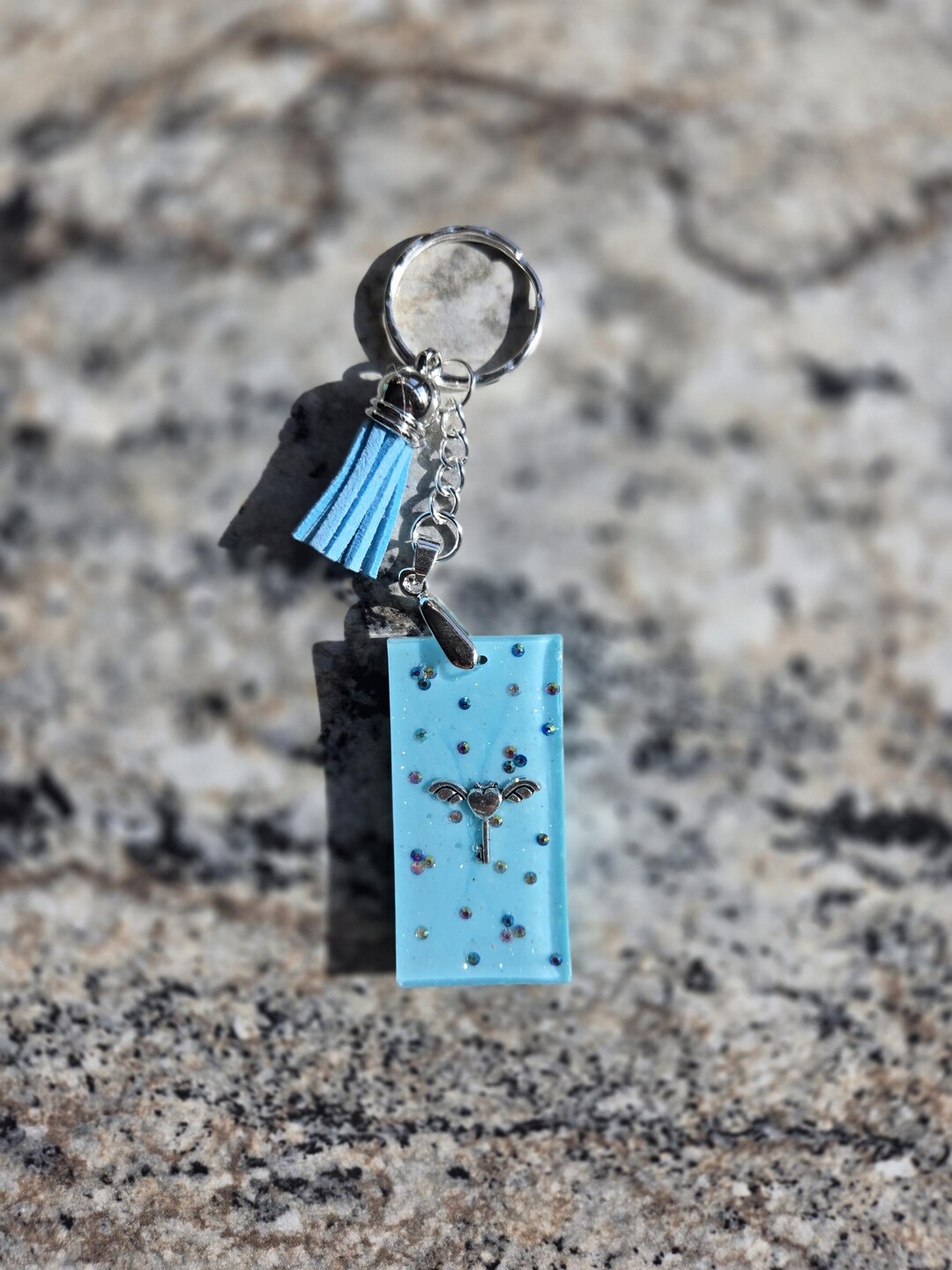 Sky Blue Resin Keychain | Handmade Glitter Charm With Silver Wings ...