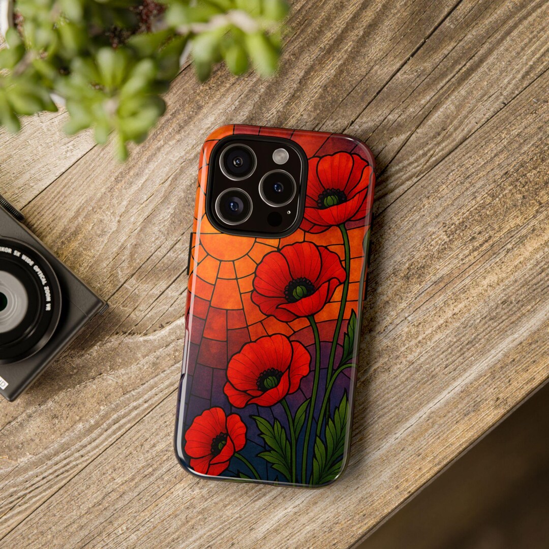 Stained Glass Poppy Phone Case for iPhone 15 or 16, Artistic Floral ...