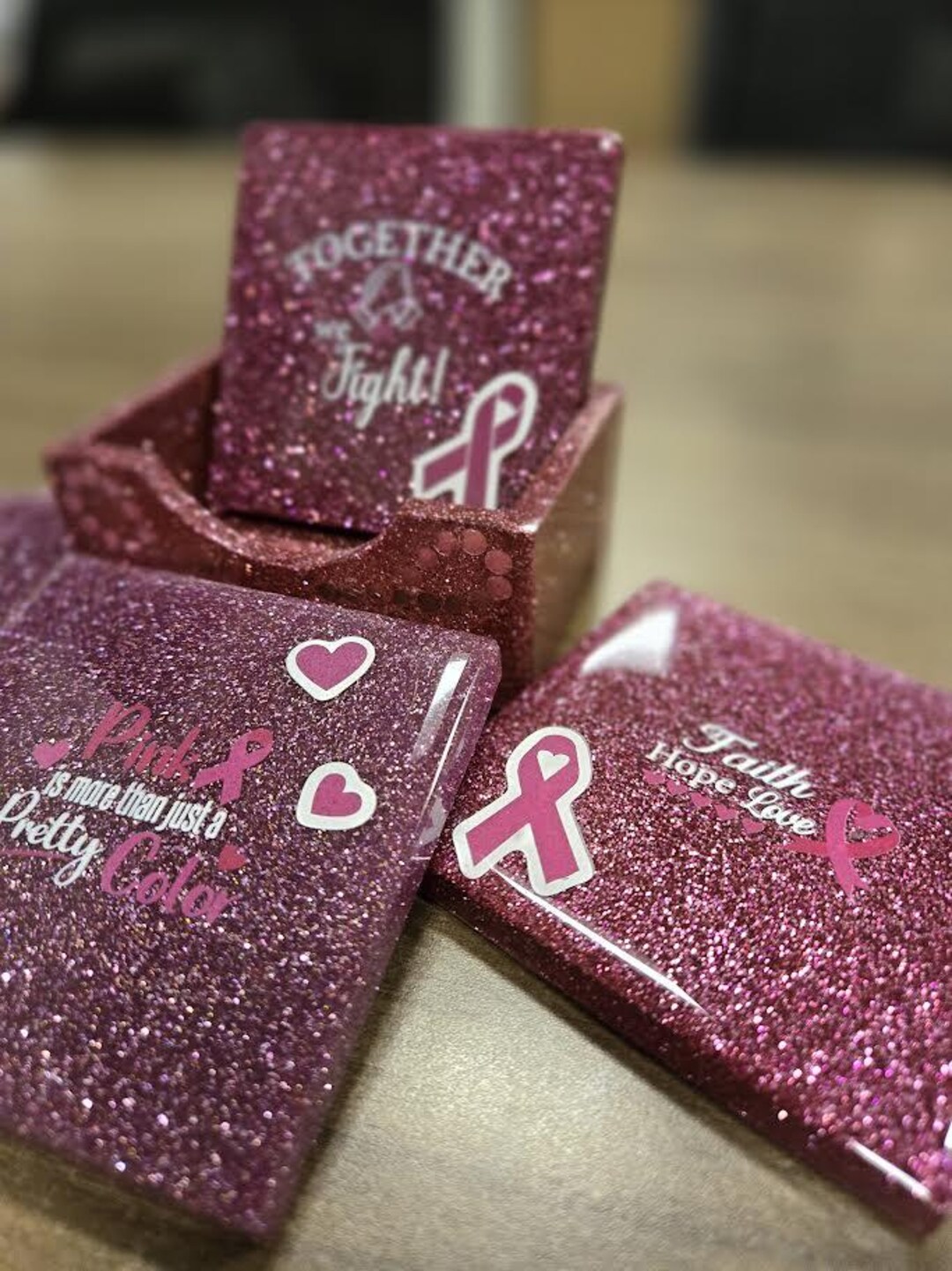 5 Piece Breast Cancer Awareness Coaster Set With Matching Holder in ...