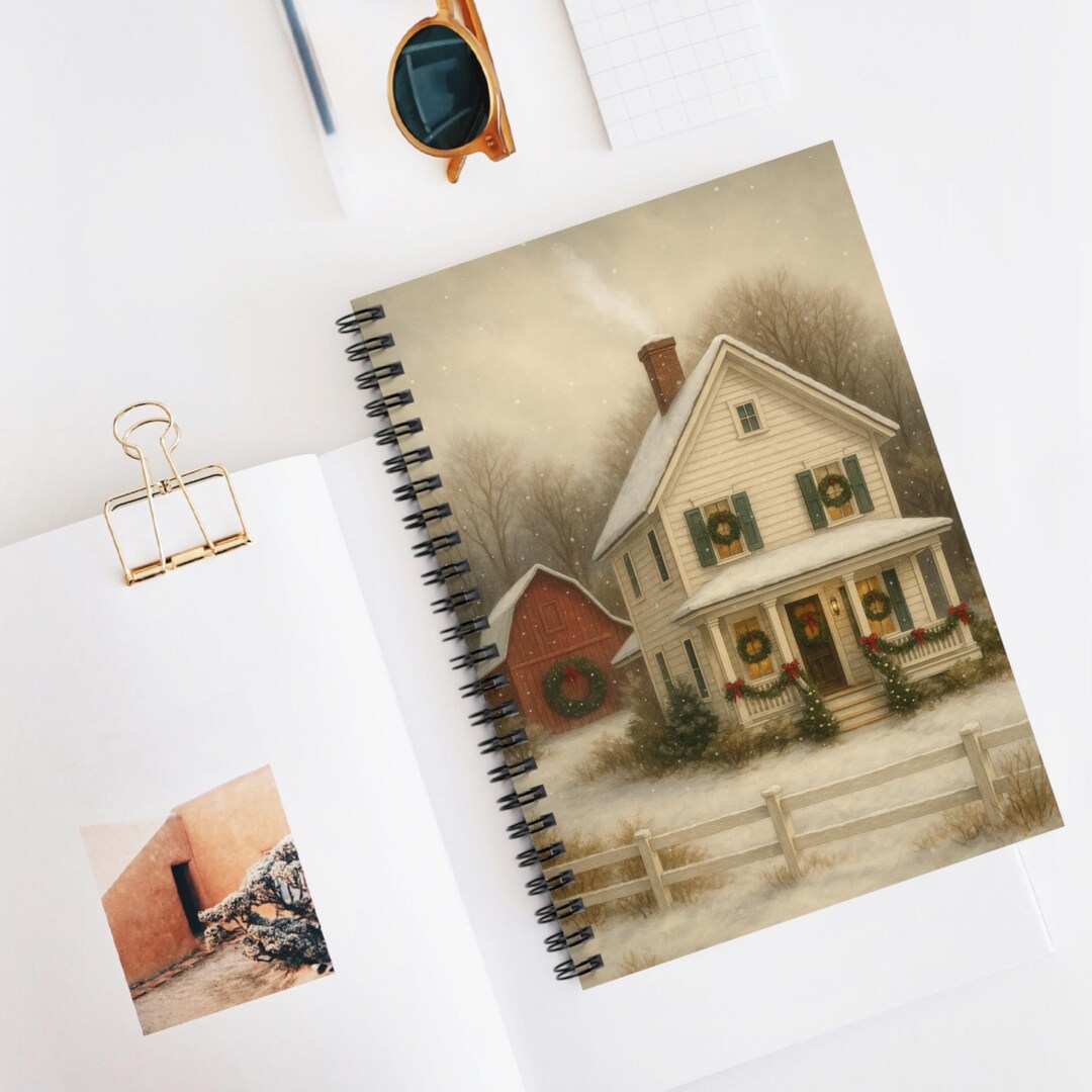 Cozy Winter Farmhouse Spiral Notebook | Christmas Wreaths, Snowy ...