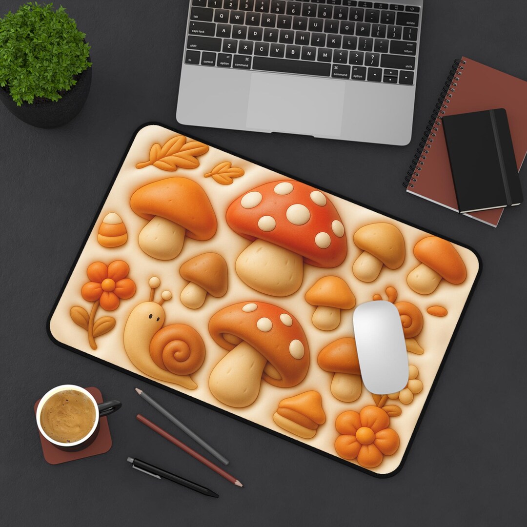 Kawaii Mushroom Desk Mat, Fall Snail Forest Scene Mouse Pad | Cozy ...